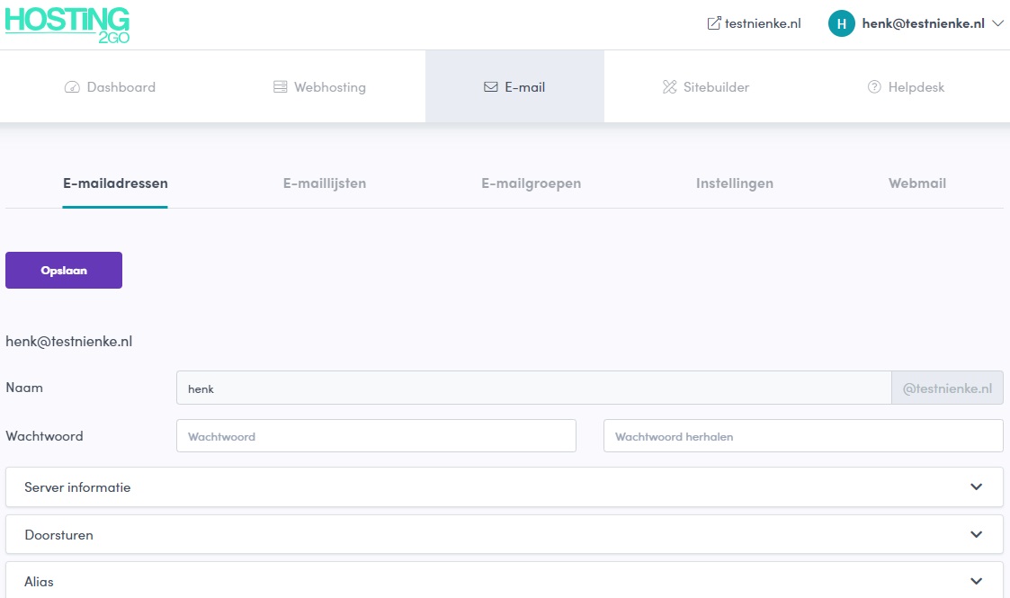 Met e-mailadres inloggen in het Control Panel - Support Hosting2GO